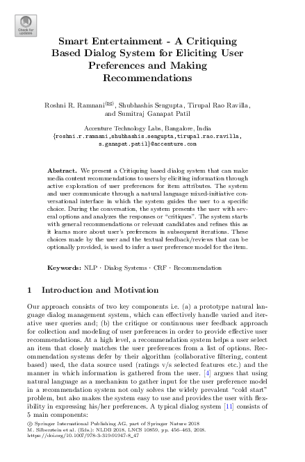 (PDF) Smart Entertainment - A Critiquing Based Dialog System for Eliciting User Preferences and ...