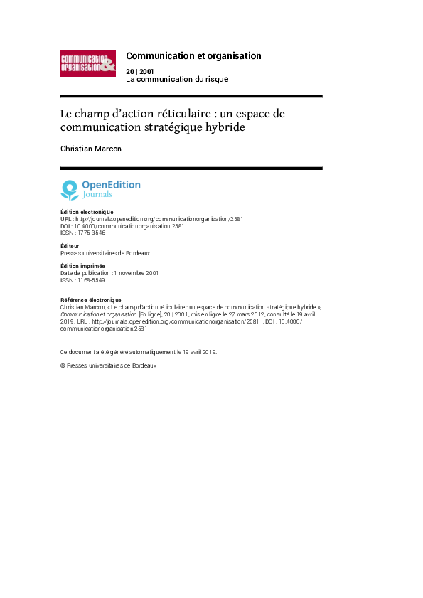 (PDF) Le champ d’action réticulaire : un espace de communication ...