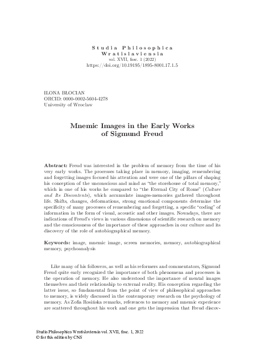 (PDF) Mnemic Images in the Early Works of Sigmund Freud