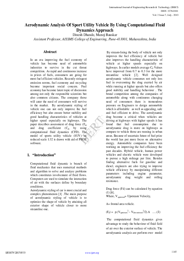 (PDF) Aerodynamic Analysis Of Sport Utility Vehicle By Using Computational Fluid Dynamics Approach