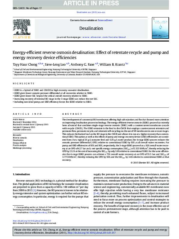 (PDF) Energy-efficient reverse osmosis desalination: Effect of ...