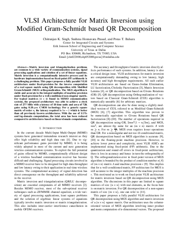 (PDF) VLSI Architecture for Matrix Inversion using Modified Gram-Schmidt based QR Decomposition