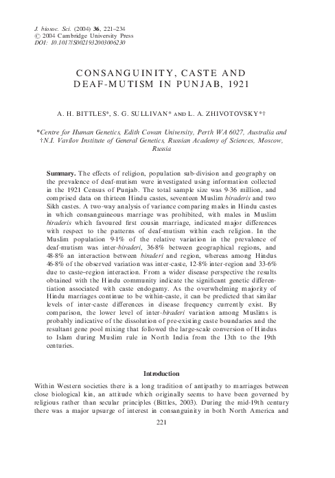 (PDF) Consanguinity, Caste and Deaf-Mutism in Punjab, 1921