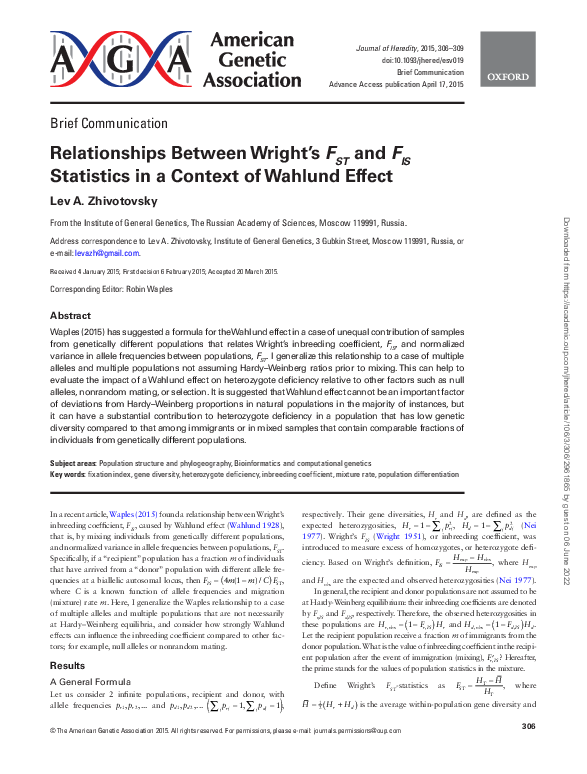 (PDF) Relationships Between Wright's F ST and F IS Statistics in a ...