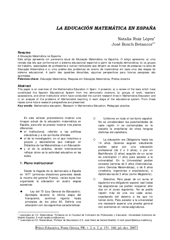 (PDF) La educación matemática en España