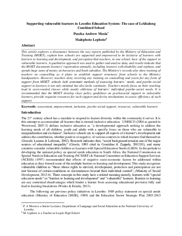 (PDF) Supporting vulnerable learners in Lesotho Education System: The case of Lekhalong Combined ...