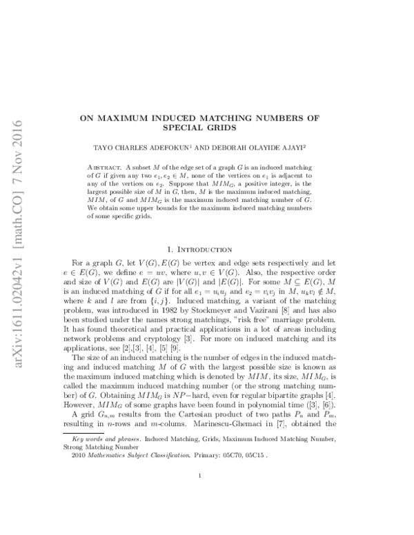 Pdf On Maximum Induced Matching Numbers Of Special Grids Tayo Adefokun