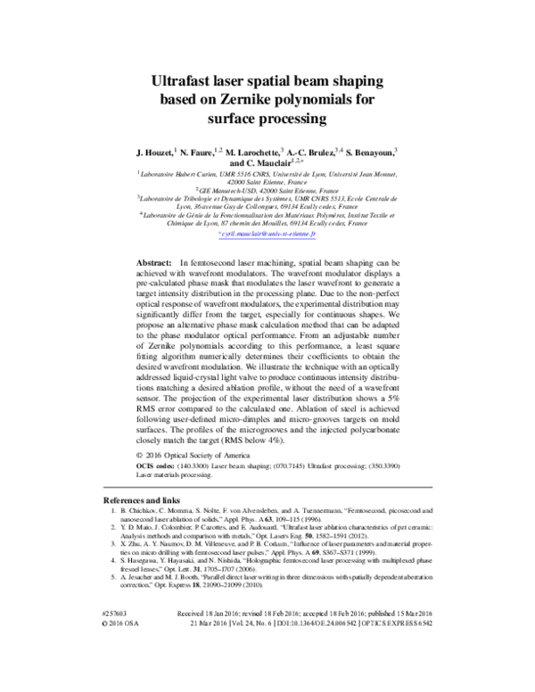 (PDF) Ultrafast laser spatial beam shaping based on Zernike polynomials for surface processing ...