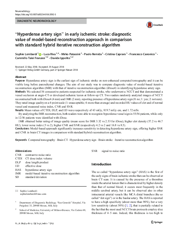 (PDF) “Hyperdense artery sign” in early ischemic stroke: diagnostic ...