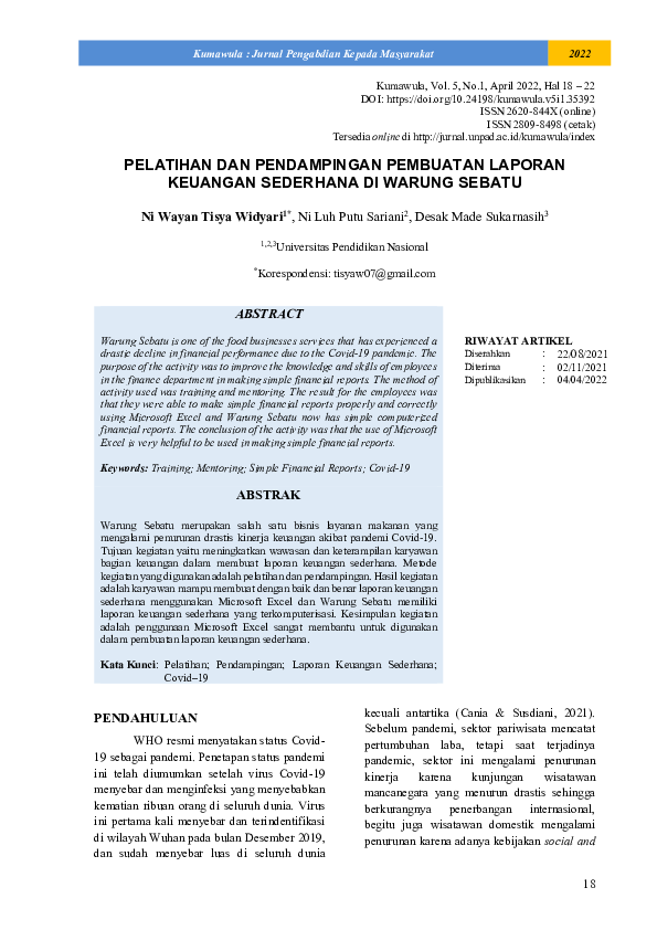(PDF) Pelatihan Dan Pendampingan Pembuatan Laporan Keuangan Sederhana DI Warung Sebatu