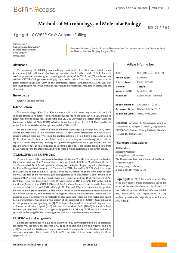 (PDF) Highlights of CRISPR-Cas9 Genome Editing
