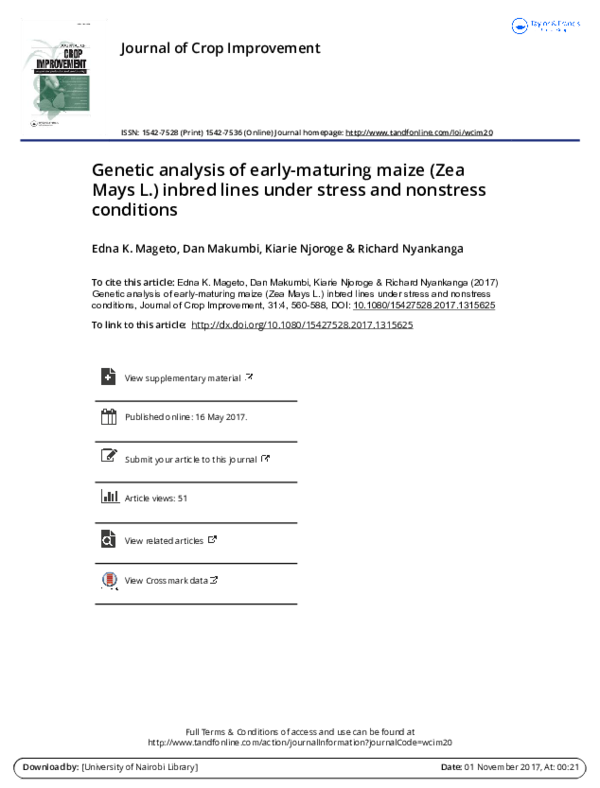 Pdf Genetic Analysis Of Early Maturing Maize Zea Mays L Inbred