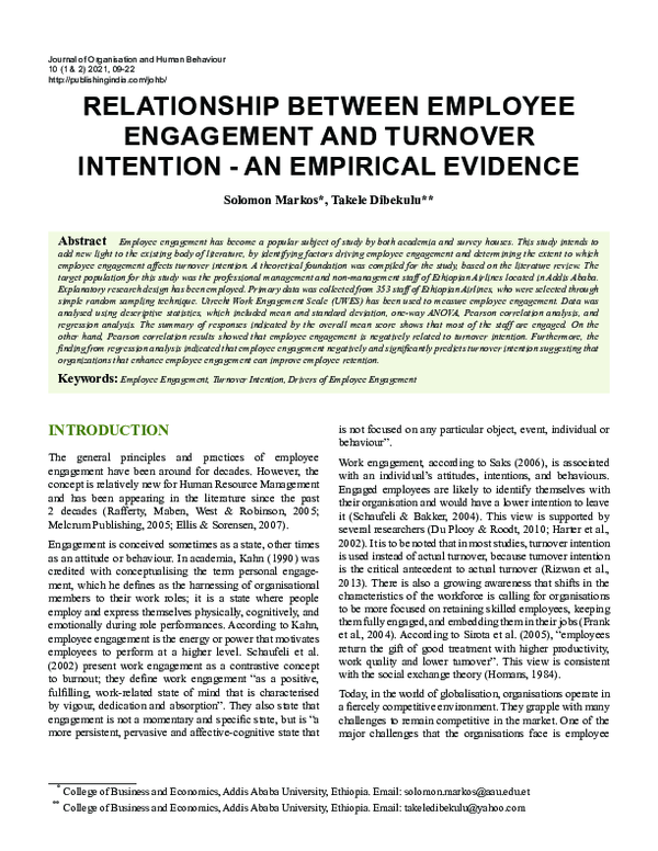 (PDF) Relationship between Employee Engagement and Turnover Intention - An Empirical Evidence