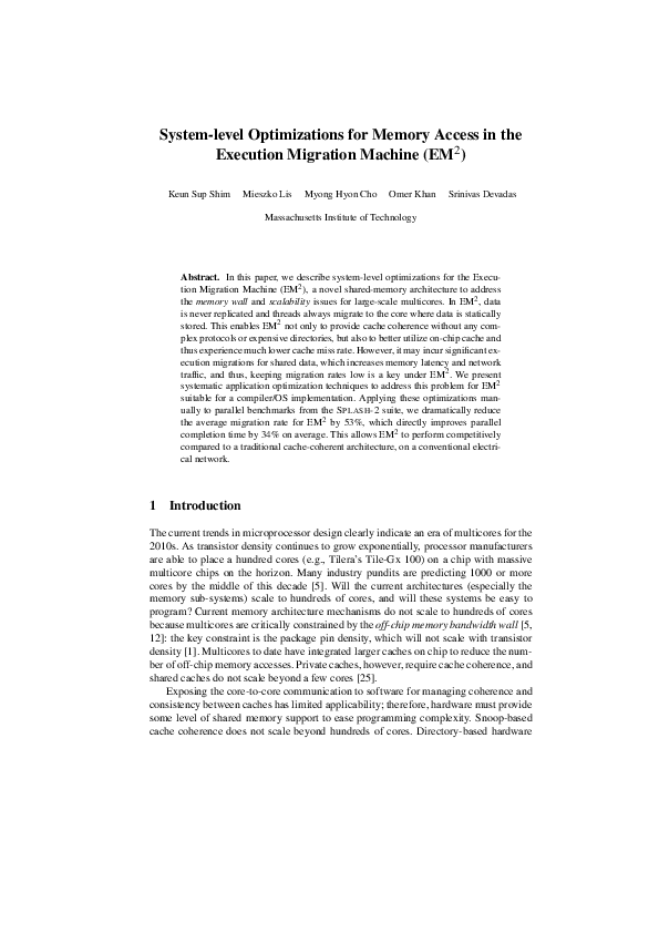 Pdf System Level Optimizations For Memory Access In The Execution Migration Machine Em2
