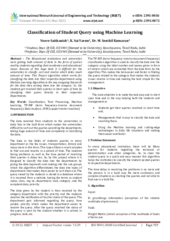 (PDF) Classification of Student Query using Machine Learning