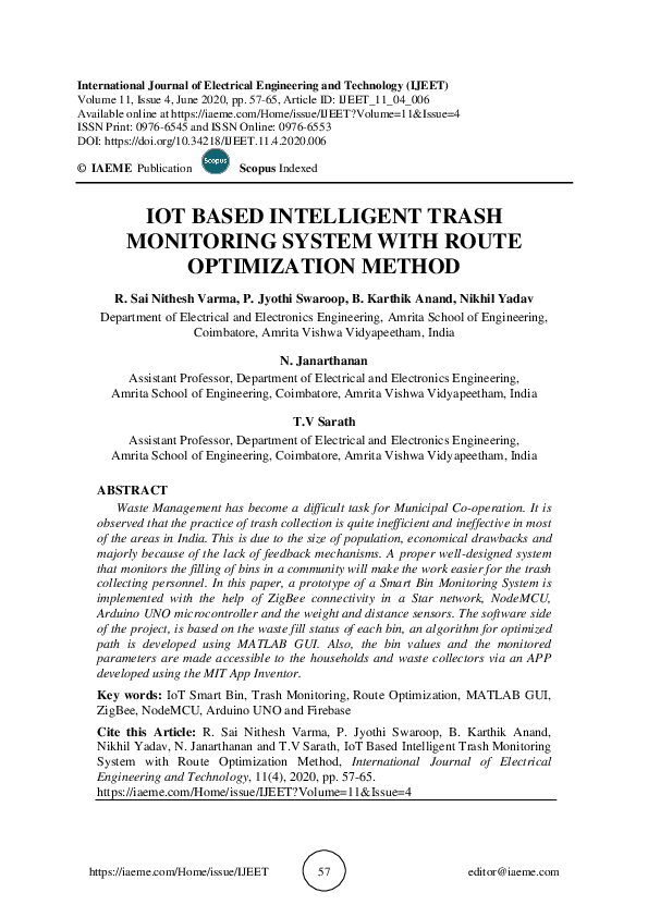 Pdf Iot Based Intelligent Trash Monitoring System With Route Optimization Method