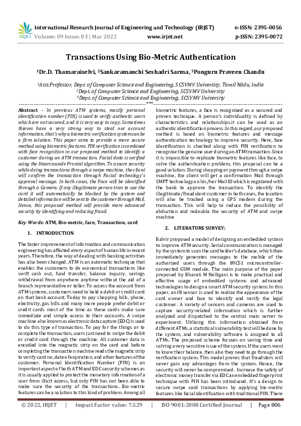 Pdf Transactions Using Bio Metric Authentication