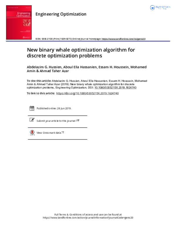 (PDF) New binary whale optimization algorithm for discrete optimization problems