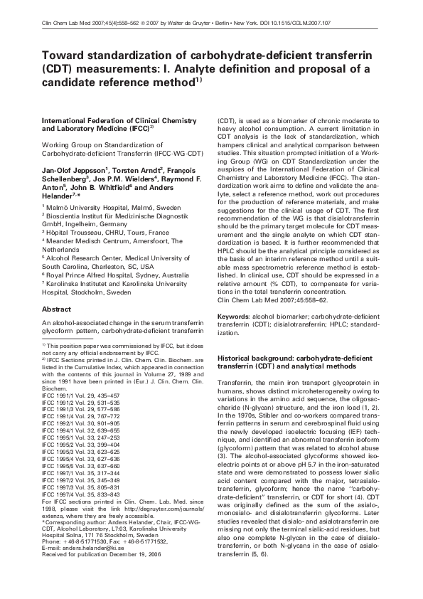 (PDF) Toward standardization of carbohydrate-deficient transferrin (CDT ...