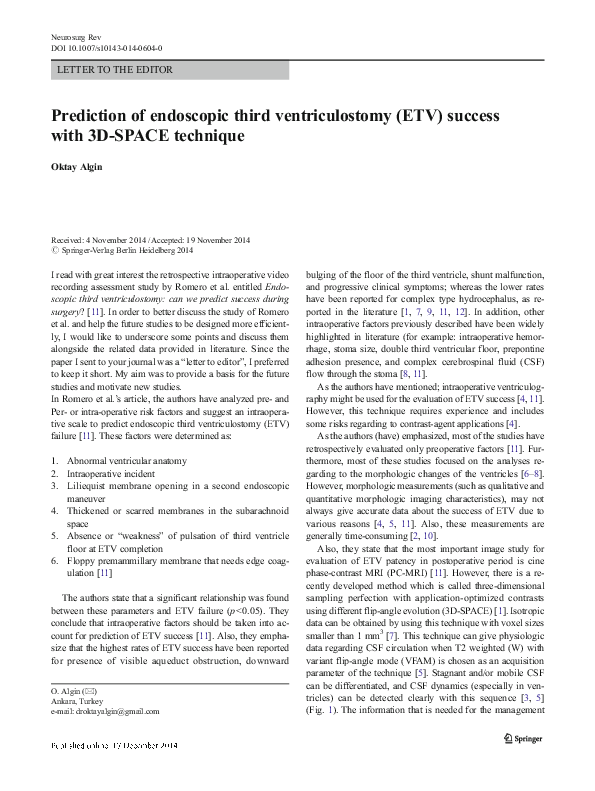 (PDF) Prediction of endoscopic third ventriculostomy (ETV) success with ...