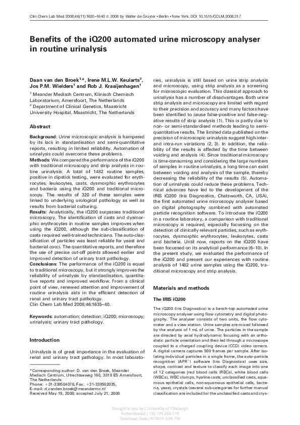 (PDF) Benefits of the iQ200 automated urine microscopy analyser in ...