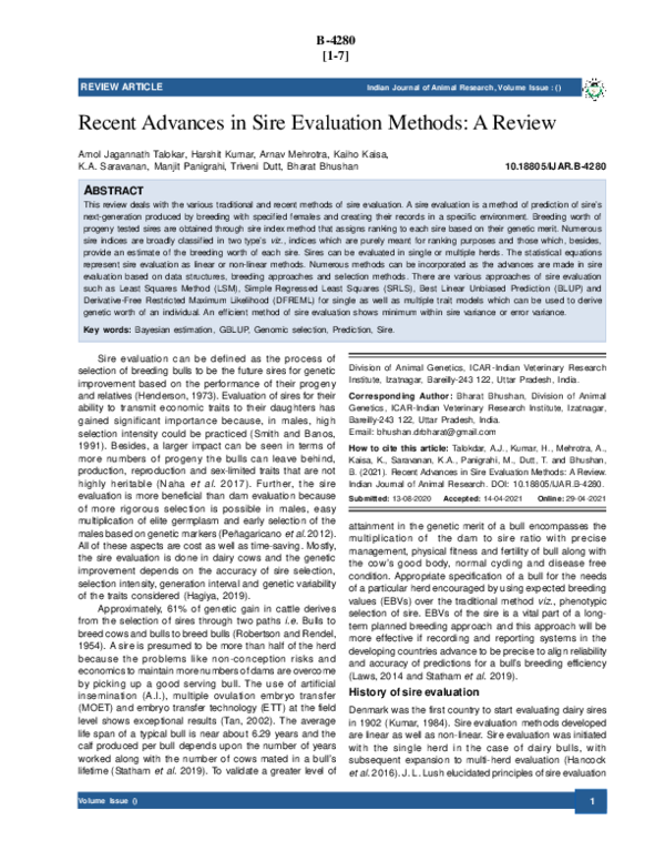 (PDF) Recent Advances in Sire Evaluation Methods: A Review