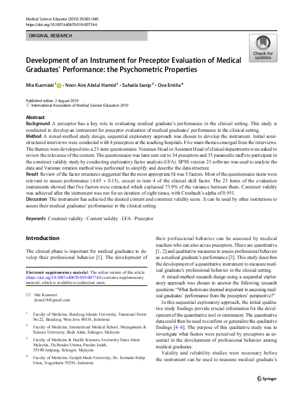 (PDF) Development of an Instrument for Preceptor Evaluation of Medical ...