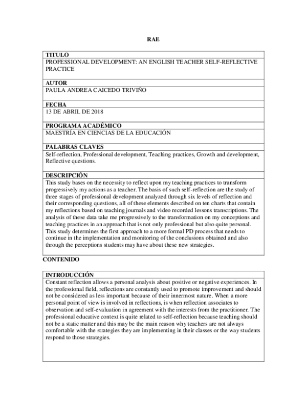 (PDF) Professional Development: An English Teacher Self-Reflective Practice