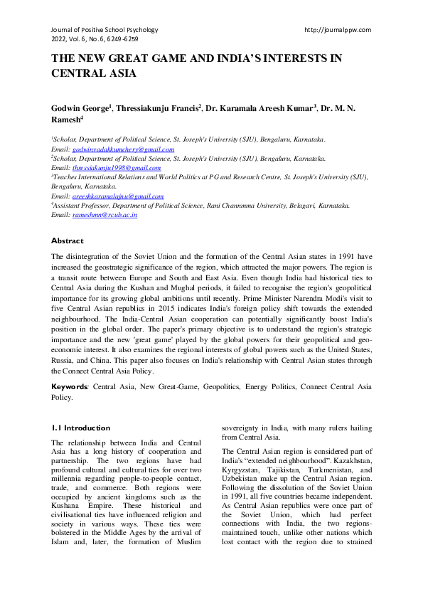 (PDF) THE NEW GREAT GAME AND INDIA'S INTERESTS IN CENTRAL ASIA
