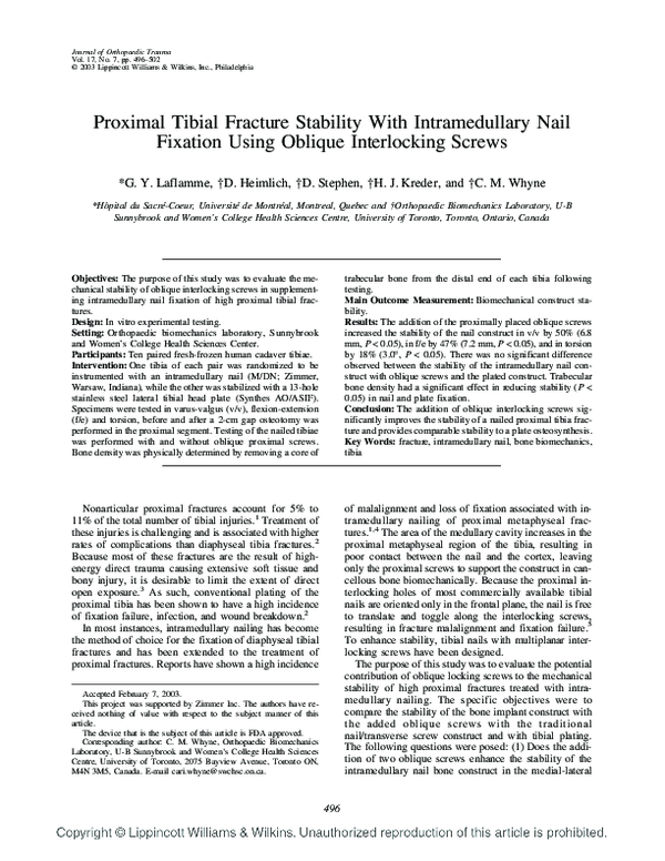 (PDF) Proximal Tibial Fracture Stability With Intramedullary Nail Fixation Using Oblique ...