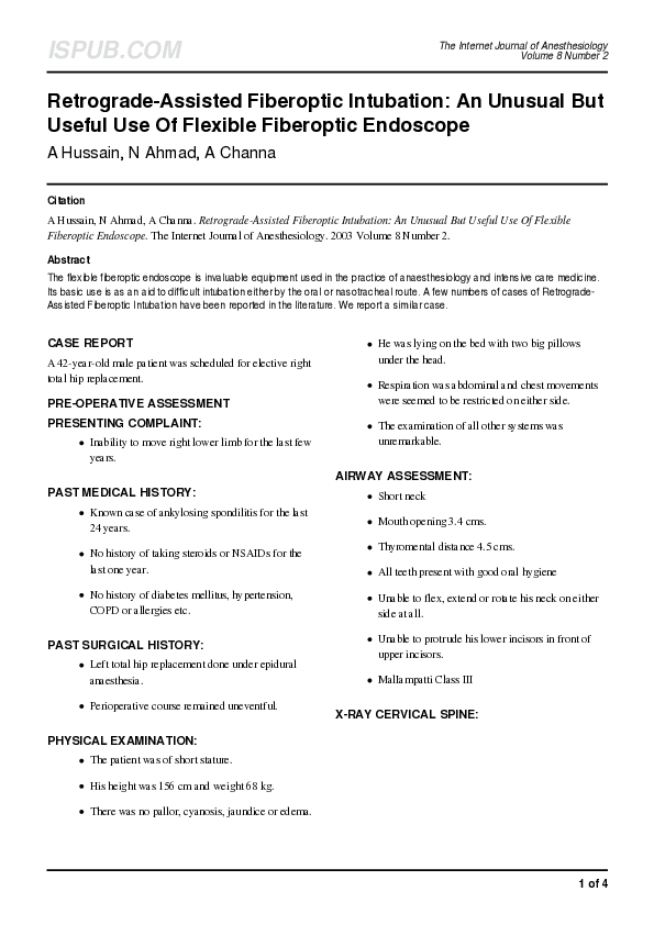 (PDF) Retrograde-Assisted Fiberoptic Intubation: An Unusual But Useful ...