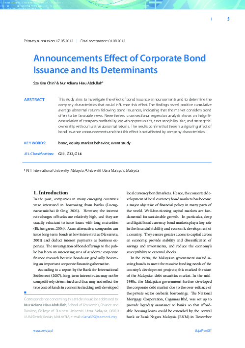 (PDF) Announcements Effect of Corporate Bond Issuance and Its Determinants