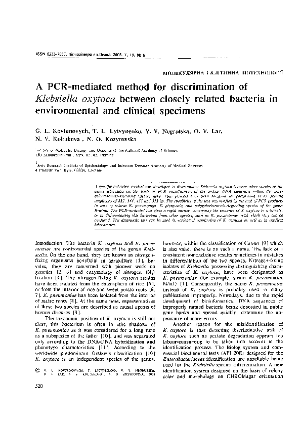 (PDF) A PCR-mediated method for discrimination of Klebsiella oxytoca ...