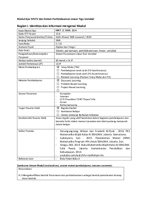 (PDF) Modul Ajar SPLTV dan Sistem Pertidaksaman Linear Tiga Variabel Bagian I. Identitas dan ...