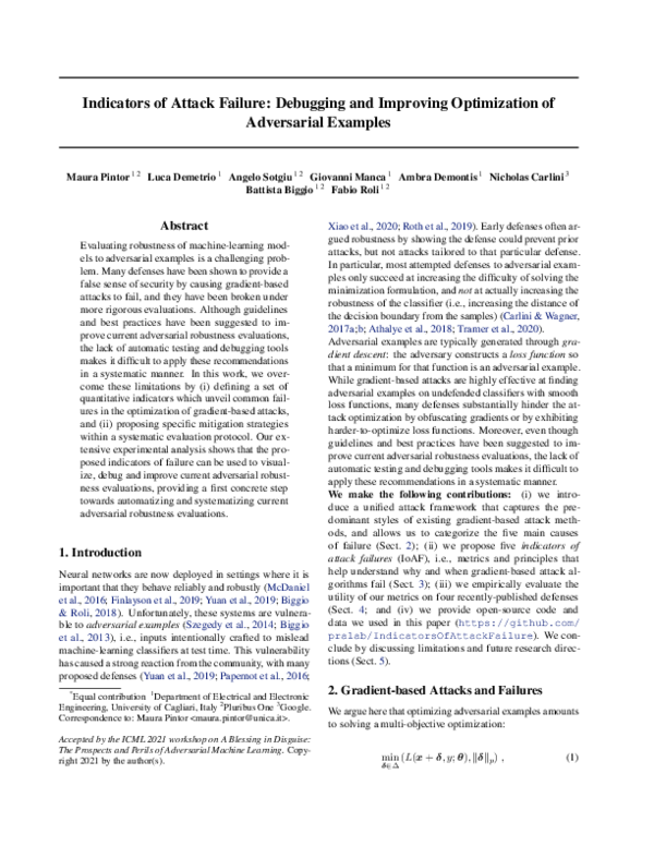 (PDF) Indicators of Attack Failure: Debugging and Improving Optimization of Adversarial Examples