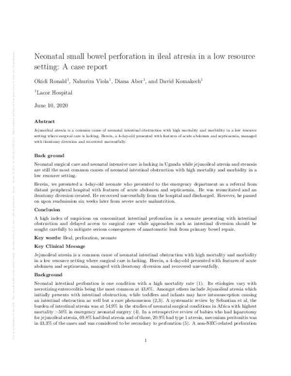 (PDF) Neonatal small bowel perforation in ileal atresia in a low ...