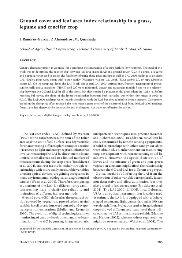 (PDF) Ground cover and leaf area index relationship in a grass, legume ...