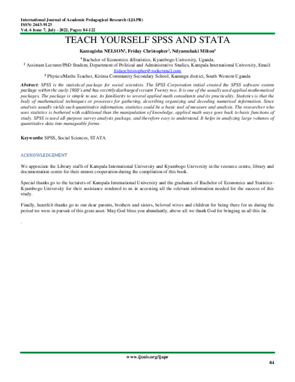 (PDF) TEACH YOURSELF SPSS AND STATA