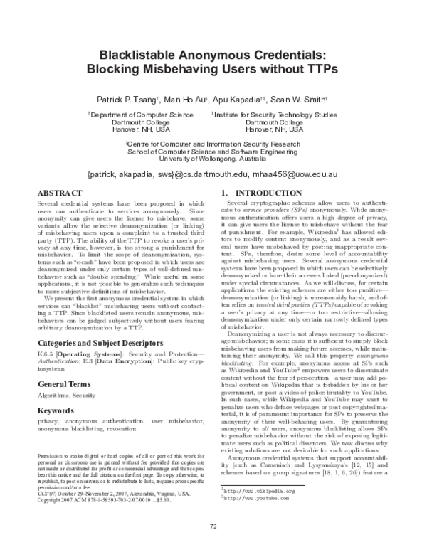 (PDF) Blacklistable anonymous credentials: blocking misbehaving users ... (PDF) Blacklistable anonymous credentials: blocking misbehaving users ...