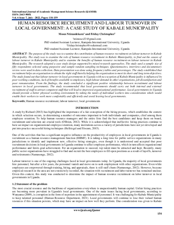 (PDF) HUMAN RESOURCE RECRUITMENT AND LABOUR TURNOVER IN LOCAL GOVERNMENT: A CASE STUDY OF KABALE ...