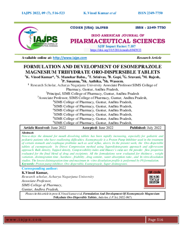 Pdf Formulation And Development Of Esomeprazole Magnesium Trihydrate Oro Dispersible Tablets