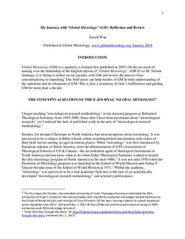 (PDF) My Journey with “Global Missiology” (GM): Reflection and Review