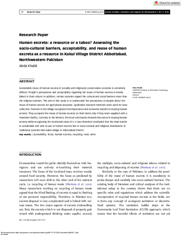 (PDF) Human excreta: a resource or a taboo? Assessing the socio ...