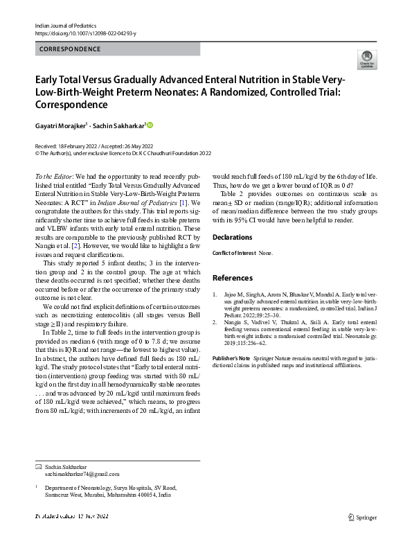 (PDF) Early Total Versus Gradually Advanced Enteral Nutrition in Stable ...
