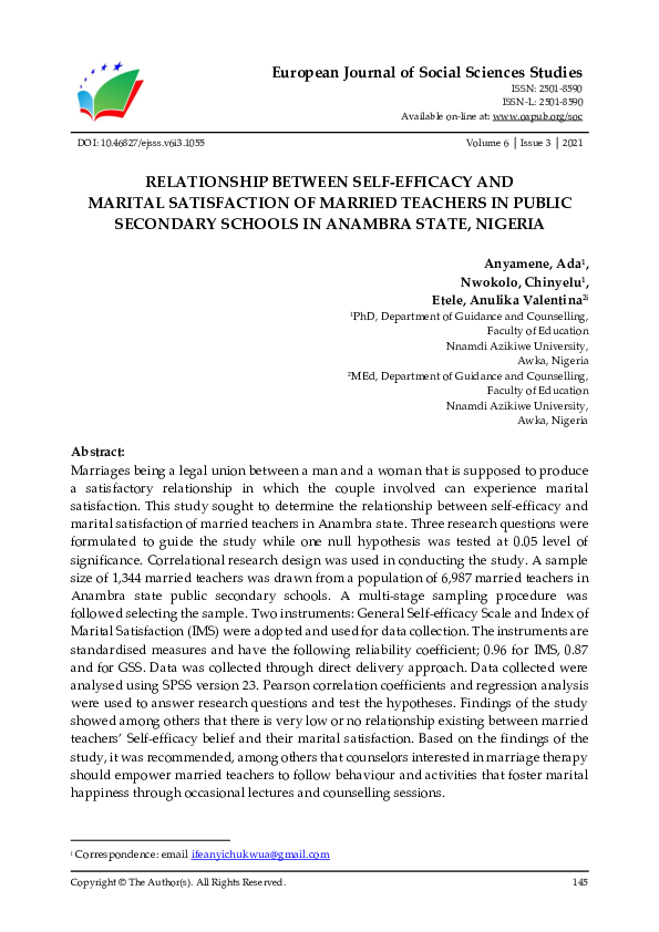 (PDF) Relationship Between Self-Efficacy and Marital Satisfaction of Married Teachers in Public ...