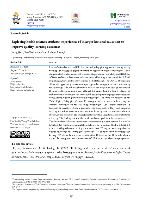 (PDF) Exploring students' experiences of interprofessional education to improve quality learning ...