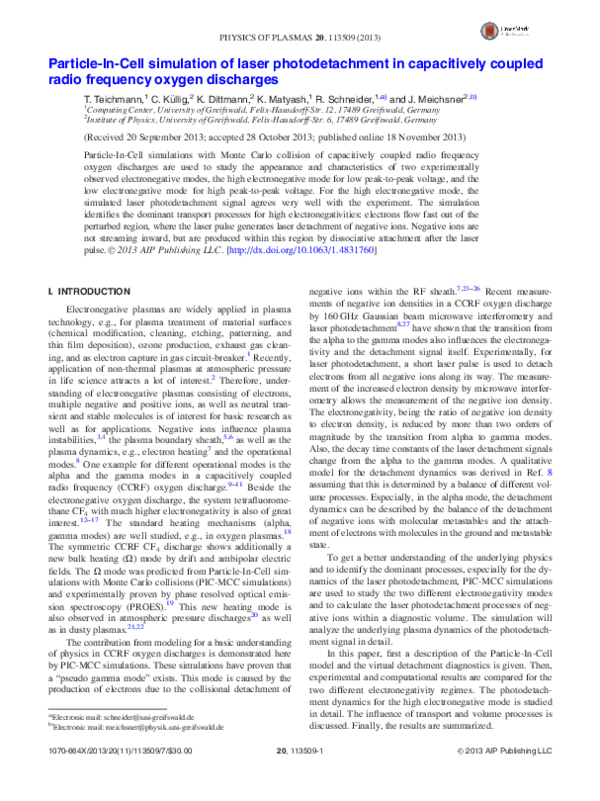 (PDF) Particle-In-Cell simulation of laser photodetachment in capacitively coupled radio ...