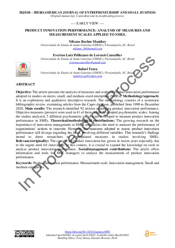 (PDF) Product innovation performance: Analysis of measures and measurement scales applied to SMES