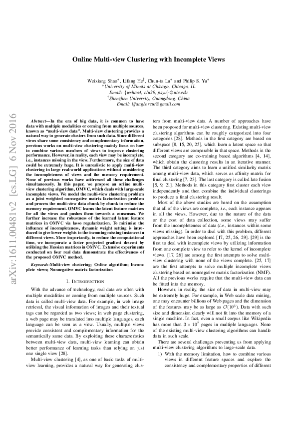 Pdf Online Multi View Clustering With Incomplete Views Lifang He