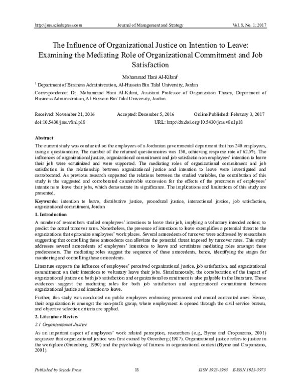 (PDF) The Influence of Organizational Justice on Intention to Leave: Examining the Mediating ...